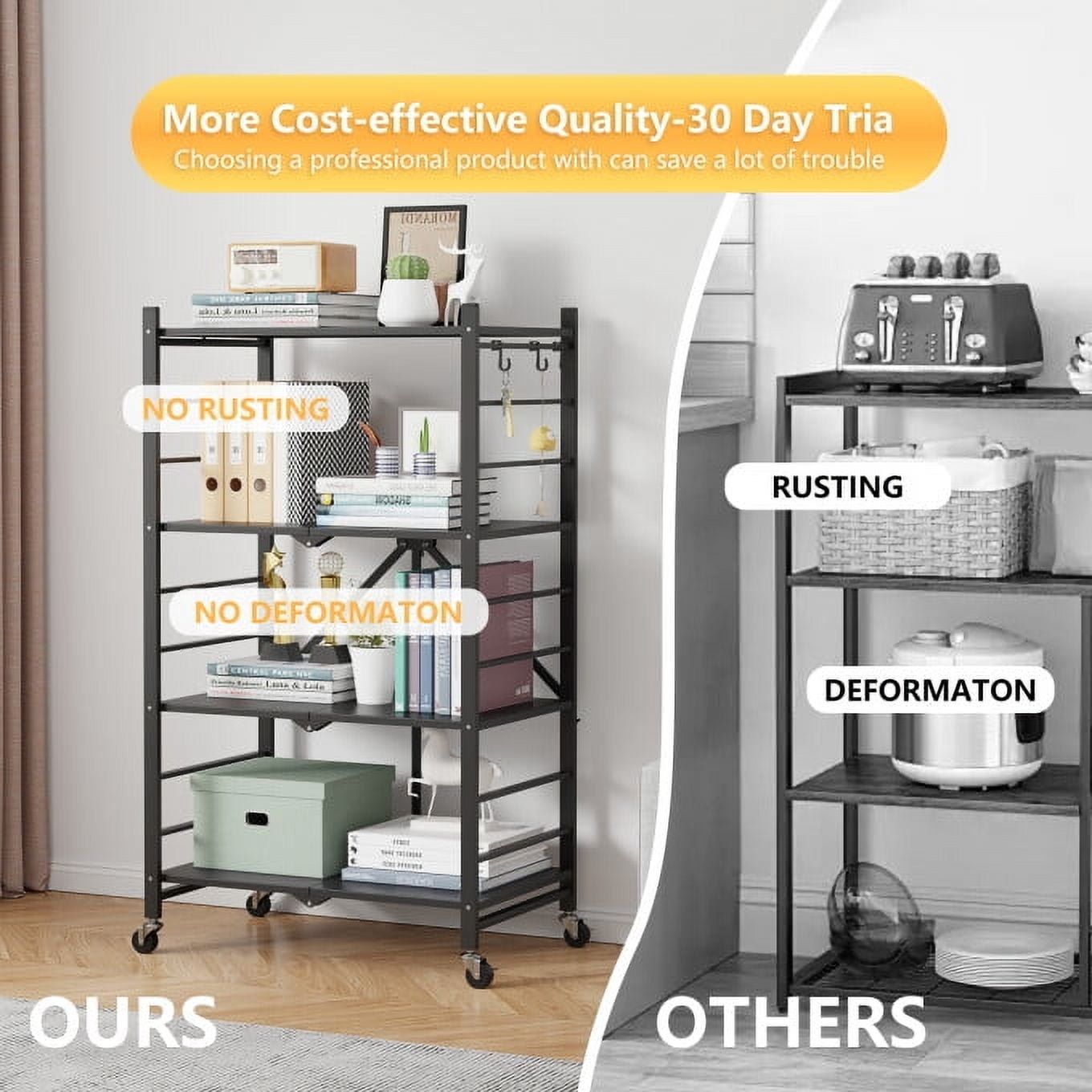 SUGIFT 4-Tier Folding Metal Shelving Unit, Heavy-Duty Storage Rack, Bl