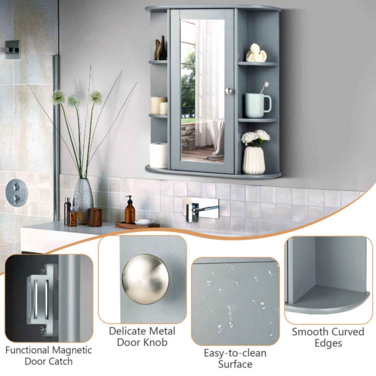 SUGIFT Bathroom Single Door Shelves Wall Mount Cabinet with Mirror-Gra