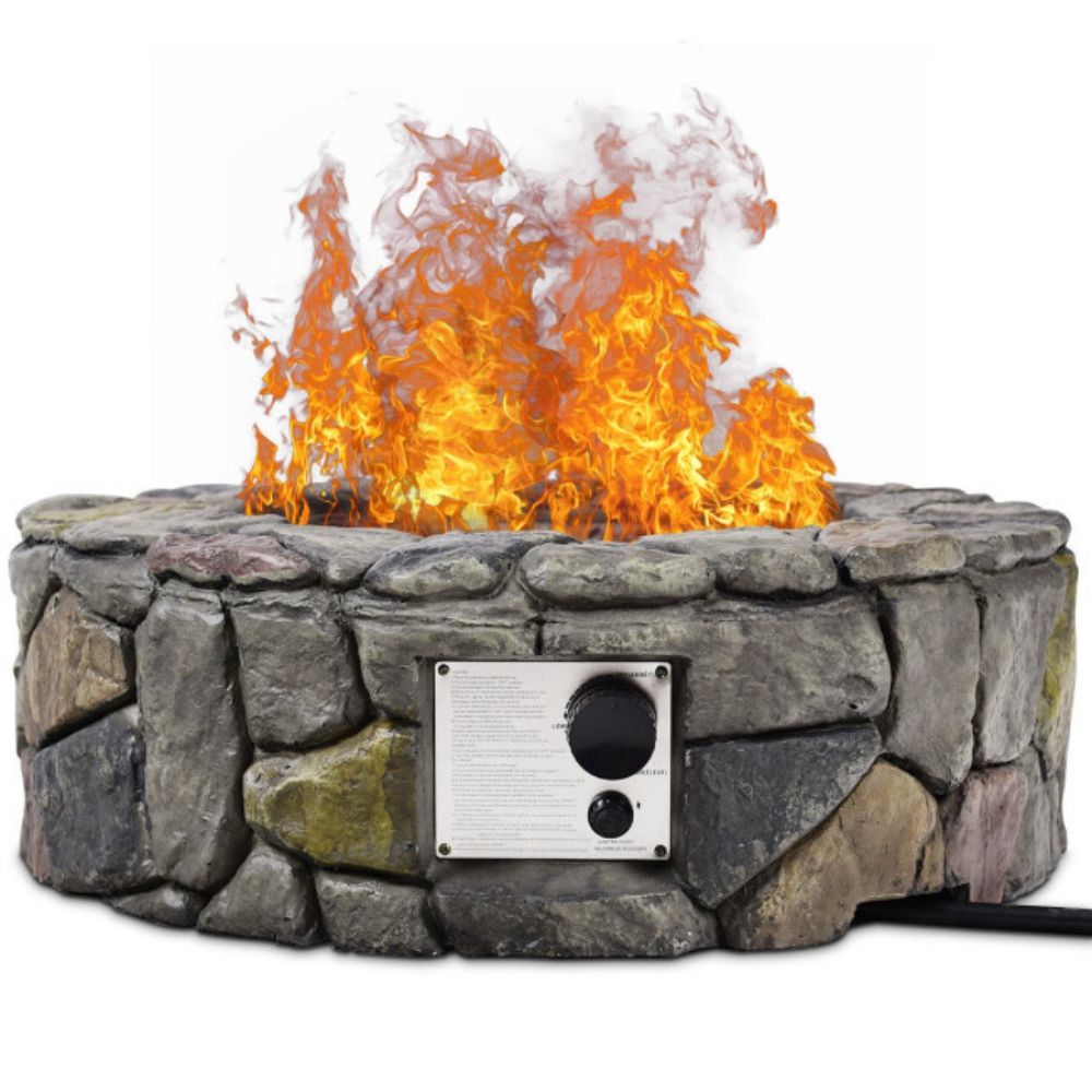 28 in. W X 9.5 in. H Outdoor Round Stone Gas Fire Stove Pit in Gray ...