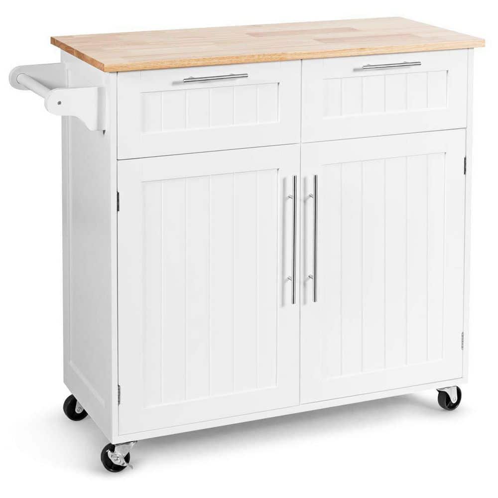 37 in. W Heavy Duty White Rolling Kitchen Cart with Butcher Block Top ...